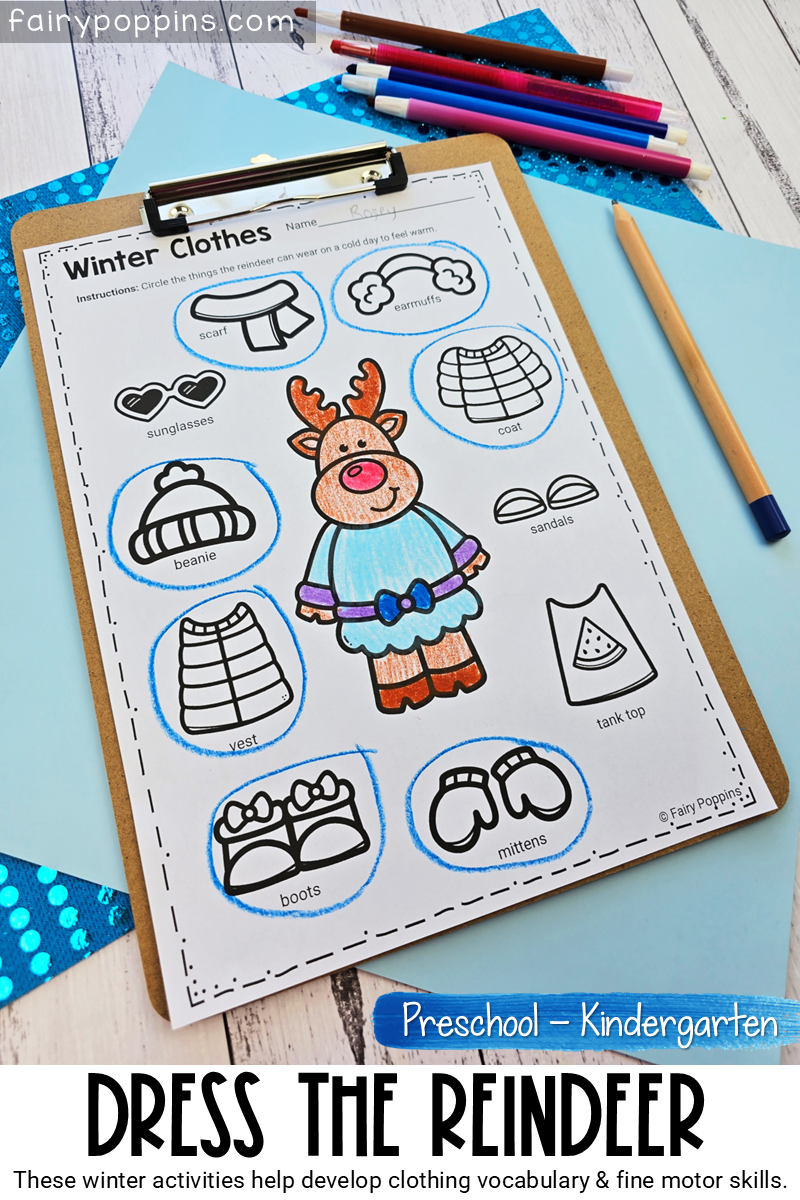 Dress the Reindeer Paper Doll Activities for Winter Clothing Vocabulary ...